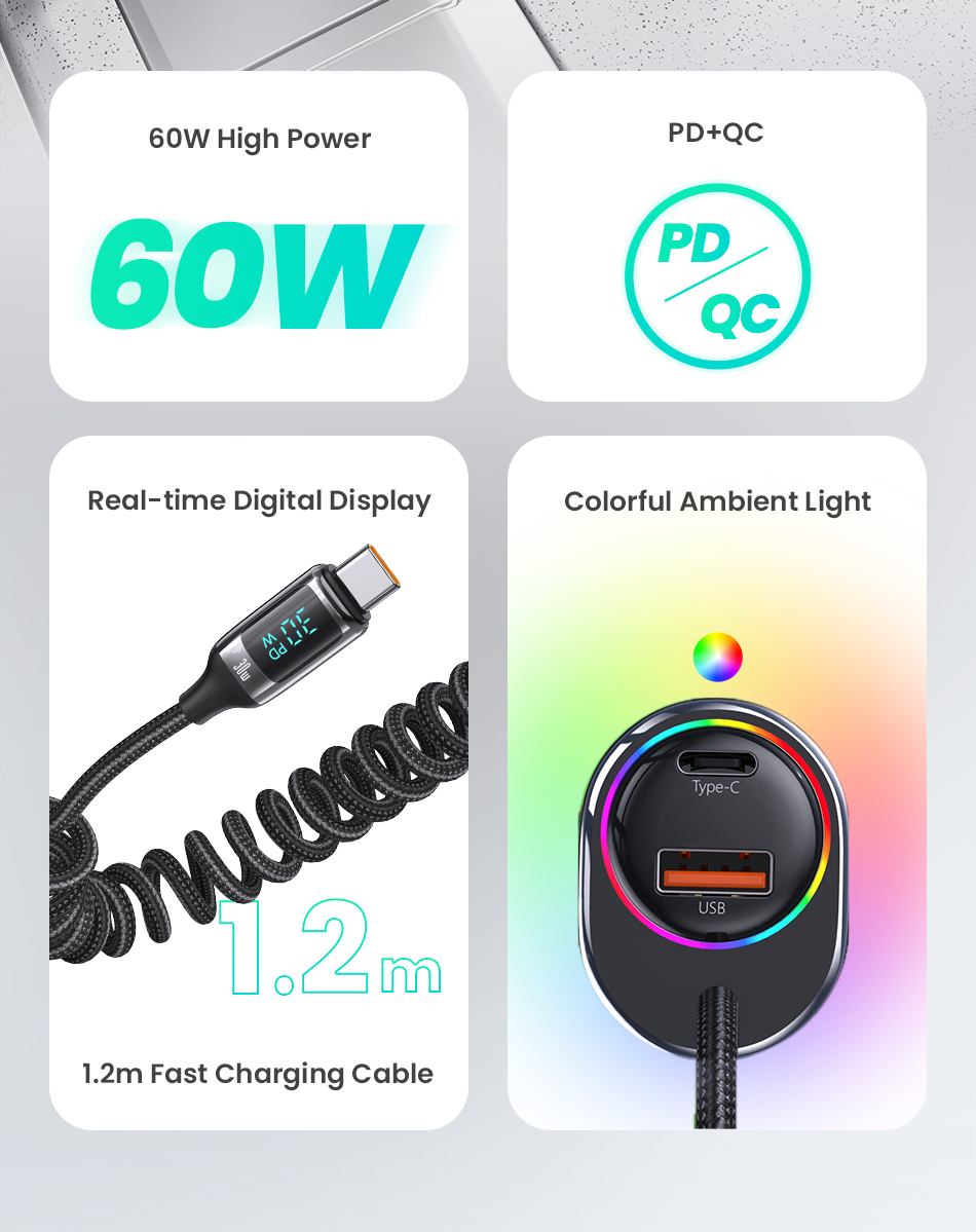 USAMS Digital Display USB A C Ports Fast Car Charger With Cable (30W ...