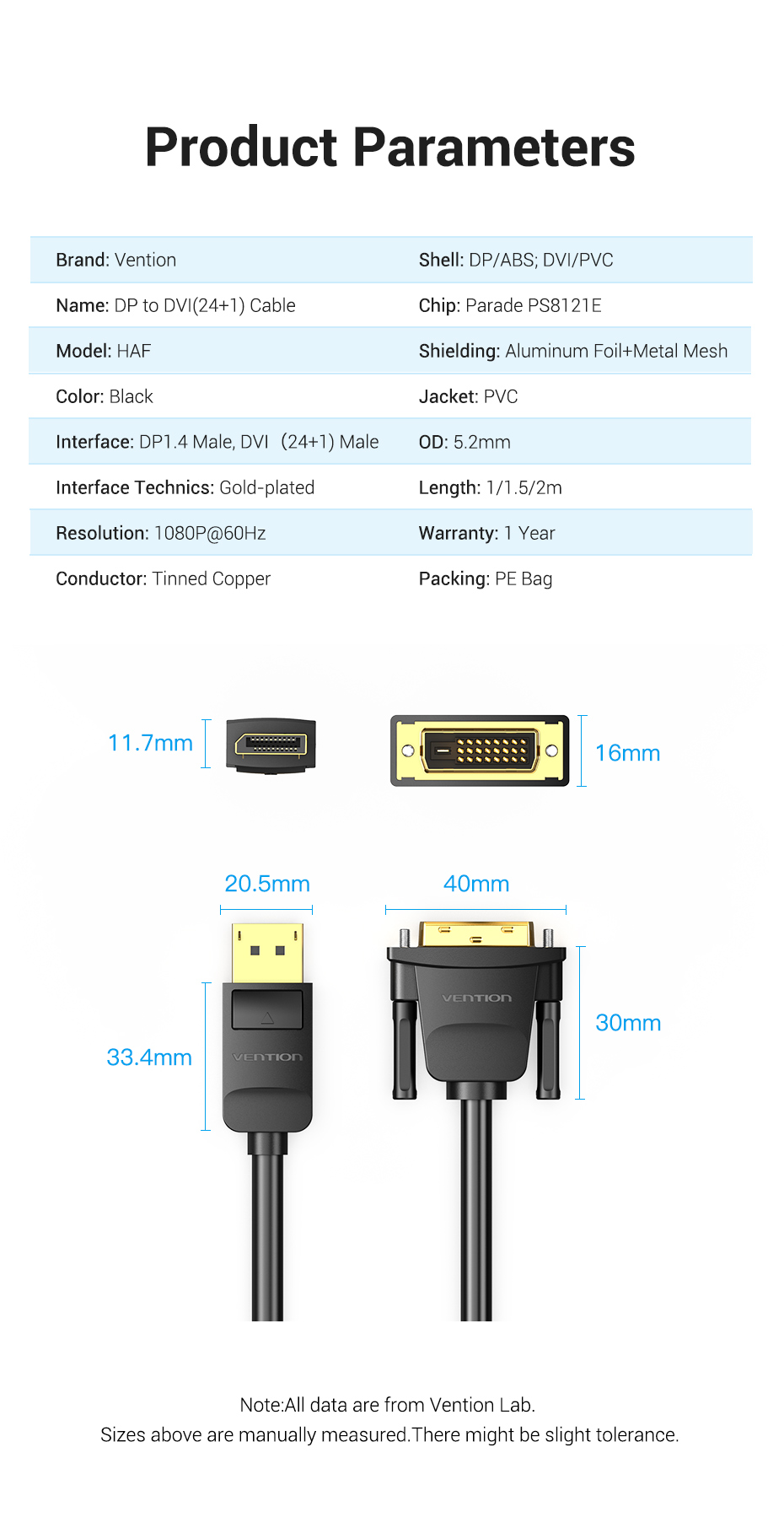 Vention DisplayPort to DVI Cable DP to DVI Male to Male Plug Video Adapter Compatible for ...