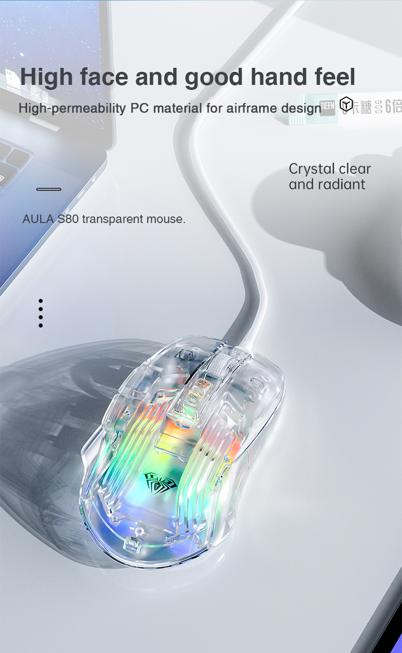 AULA S80 Game Mouse Transparent Mouse RGB Light Effect Ergonomic Design ...