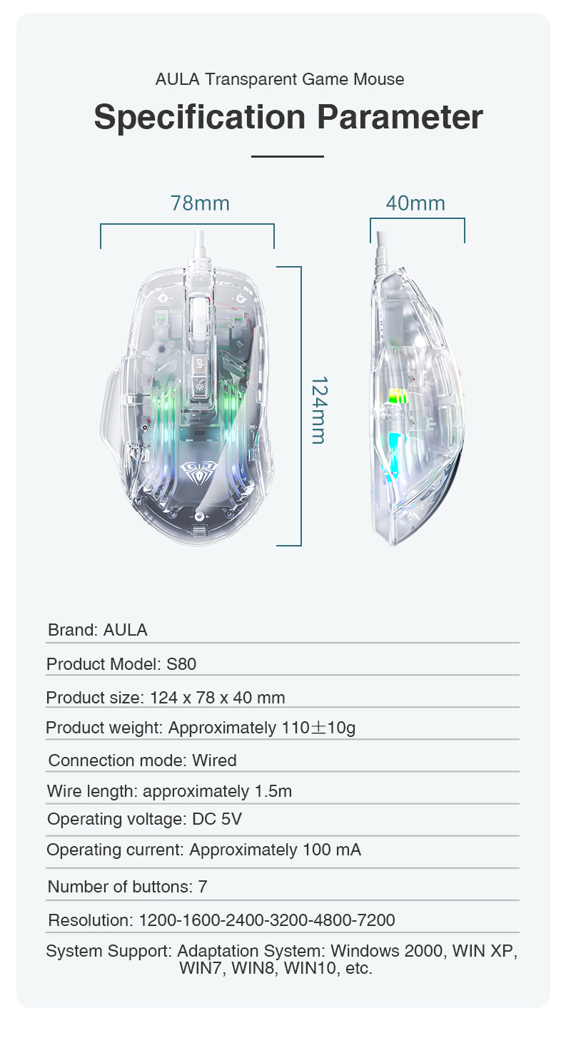 AULA S80 Game Mouse Transparent Mouse RGB Light Effect Ergonomic Design ...