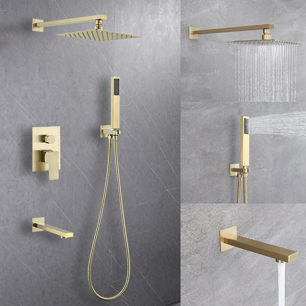 Firte Solid Brass Brushed Gold Bathroom Shower Set Square Round Style