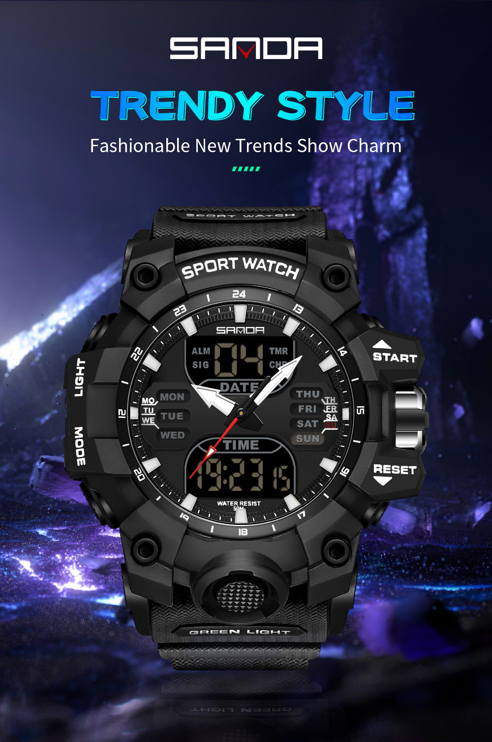 SANDA 6126 Luxury Brand Men Watches 50M Waterproof Sports Military Watch Digital Quartz ...