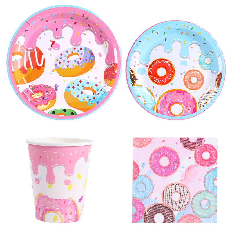 Sweet Donut Theme Disposable Tableware Set Paper Cups Paper Plate Table ...