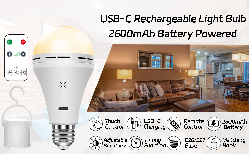 E27 Touch Control Dimmable LED Light Bulb Rechargeable Bulb With Remote ...