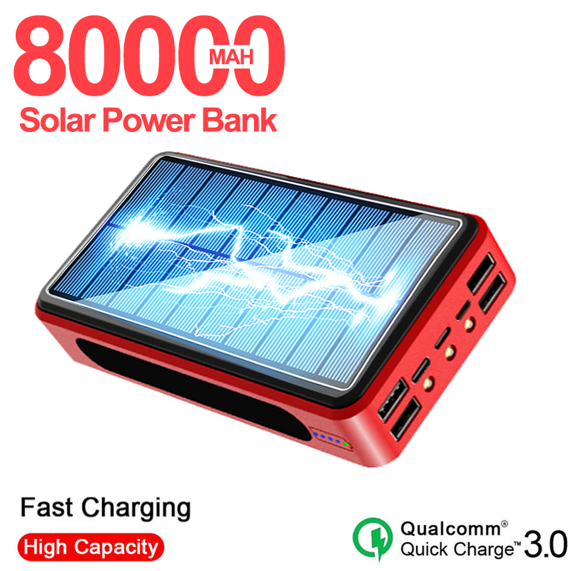 80000mAh🔥 Original Power Bank Solar Wireless powerbank Fast Charger 4 USB LED Light Powerbank ...