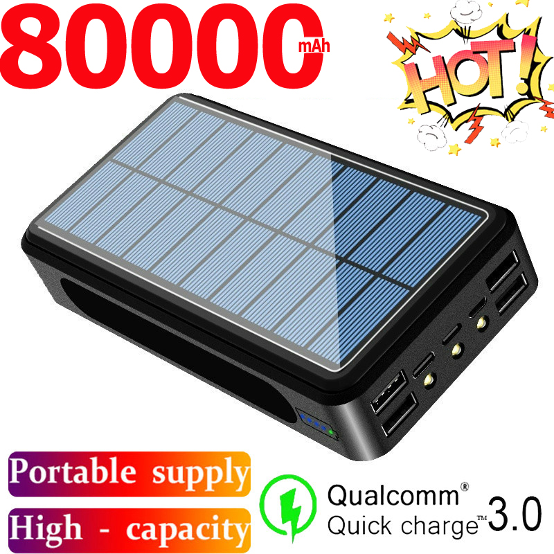 80000mAh🔥 Original Power Bank Solar Wireless powerbank Fast Charger 4 USB LED Light Powerbank ...