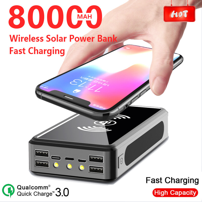 80000mAh🔥 Original Power Bank Solar Wireless powerbank Fast Charger 4 USB LED Light Powerbank ...