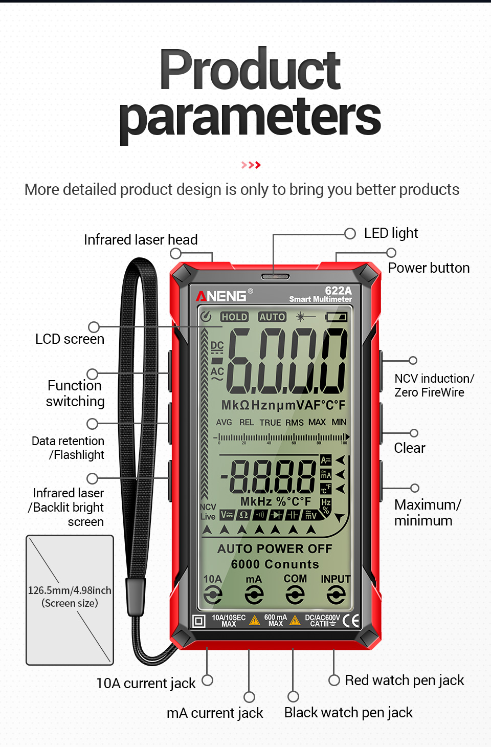ANENG 622A 6000 Counts Infrared Laser Smart Multimeter - AC/DC Voltage ...