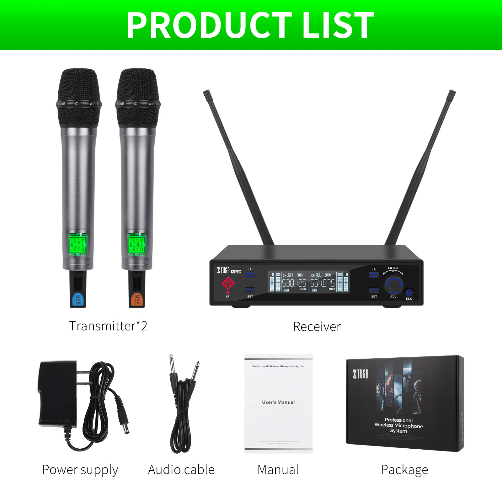 XTUGA XM200 Professional 2 Channel UHF Wireless Microphone System, True ...