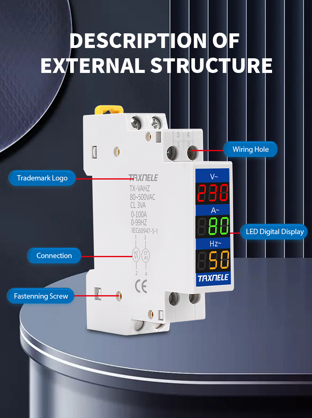 Din Rail 18mm Voltage Current HZ Meter AC 80-500V 220V 380V 100A ...