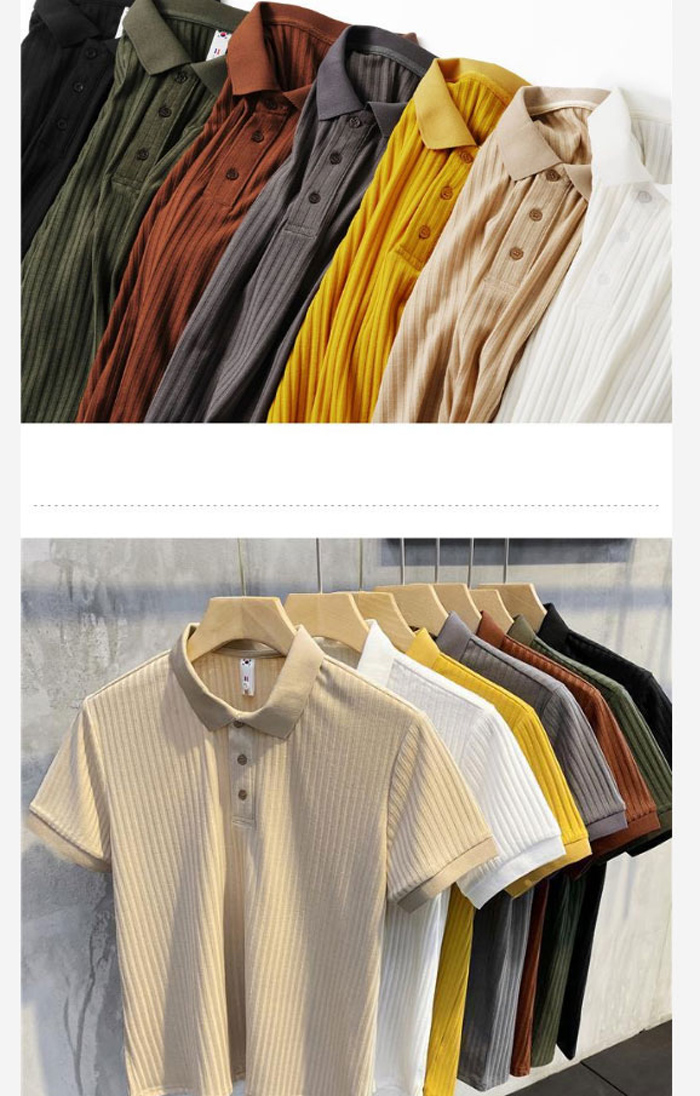 Polo Shirt For Men Korean Style Striped Texture Short Sleeve Khaki ...
