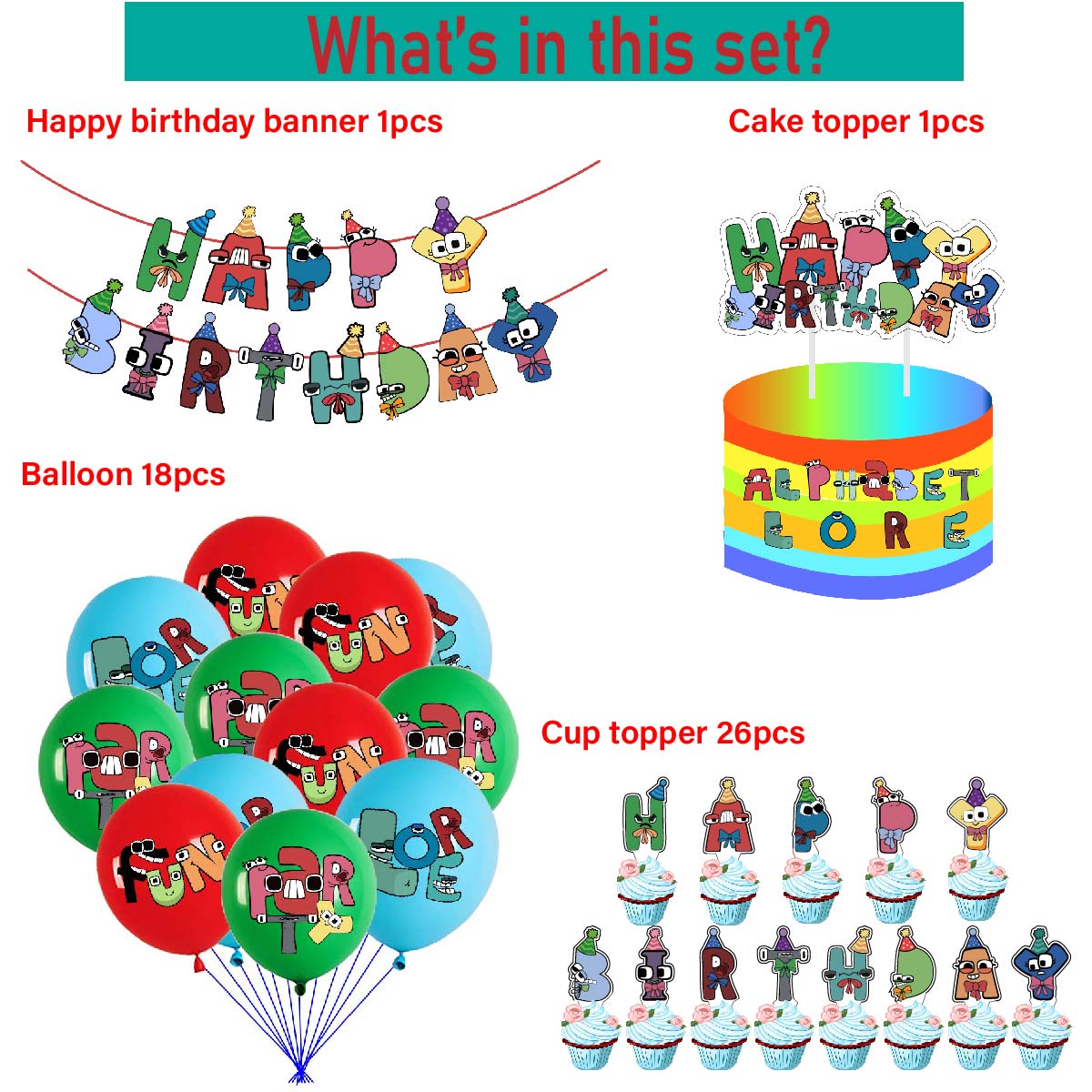 alphabet lore birthday party supplies cake topper balloon banner set ...