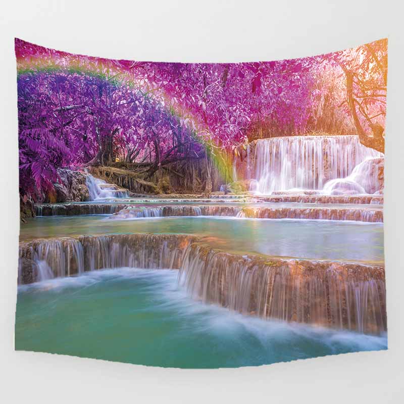 beauty rainbow waterfall peacock beach landscape wall art tapestry ...