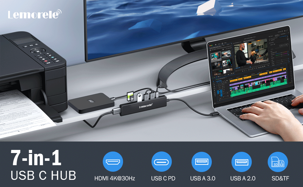 Lemorele TC70 7 In 1 USB-C Hub Aluminum Housing Multi Port Adapter PD 4K HDMI USB 3.0+USB 2.0 SD ...
