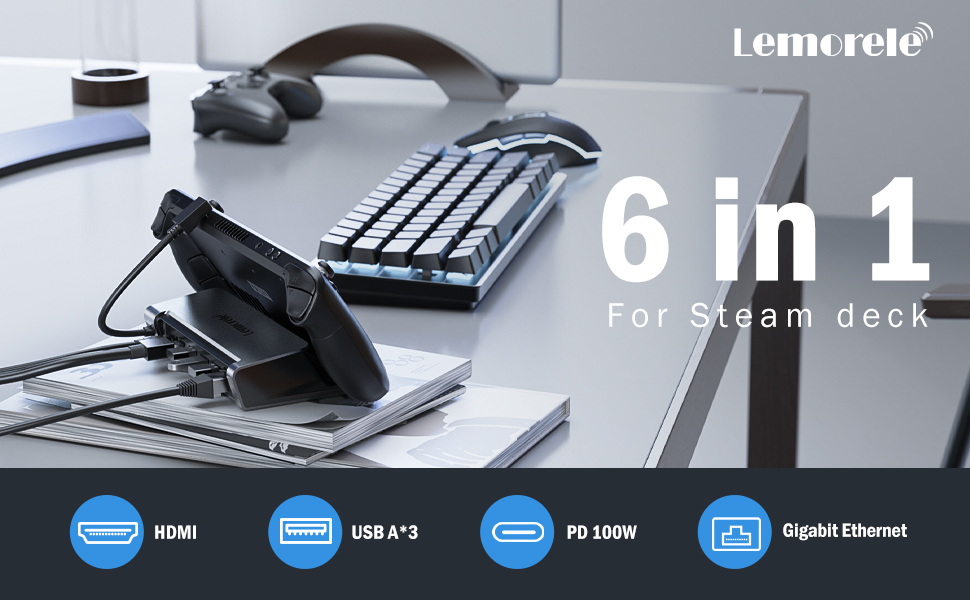 Lemorele X23 6 In 1 USB-C Hub Adapter Steamdeck Dock Station Gigabit ...