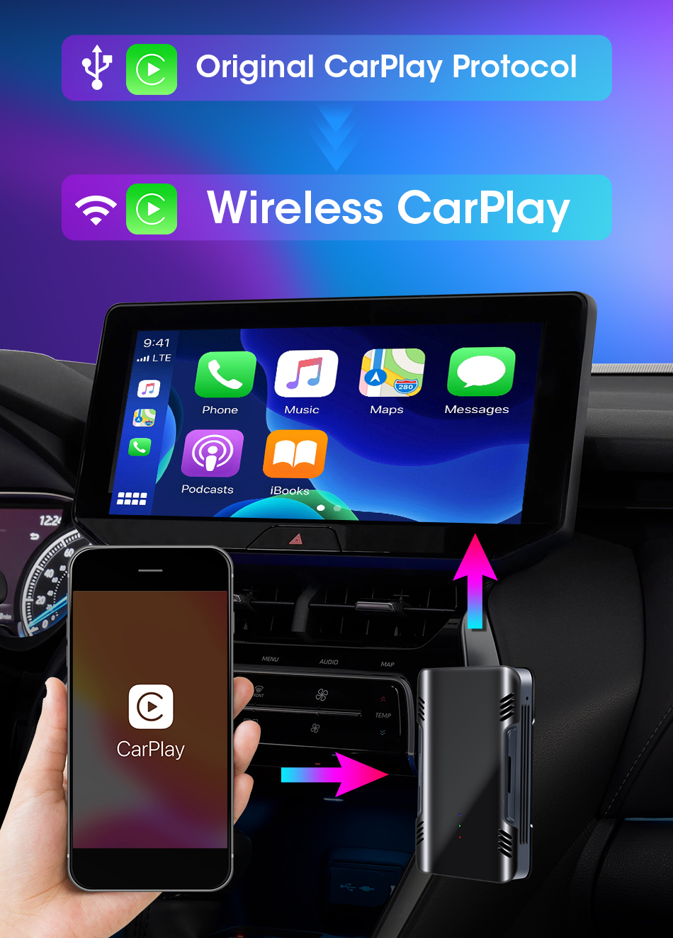 Carlin Kit Wireless Car Adapter Bluetooth USB Control Smart Link Five ...