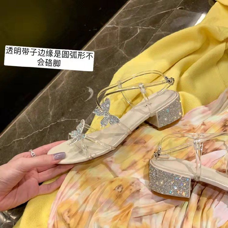 Han edition 2022 diamond ms word bowknot rhinestone buckle w2022年韩版水钻中跟一字扣蝴蝶结水钻圆头女士粗跟凉鞋女6.1 ...