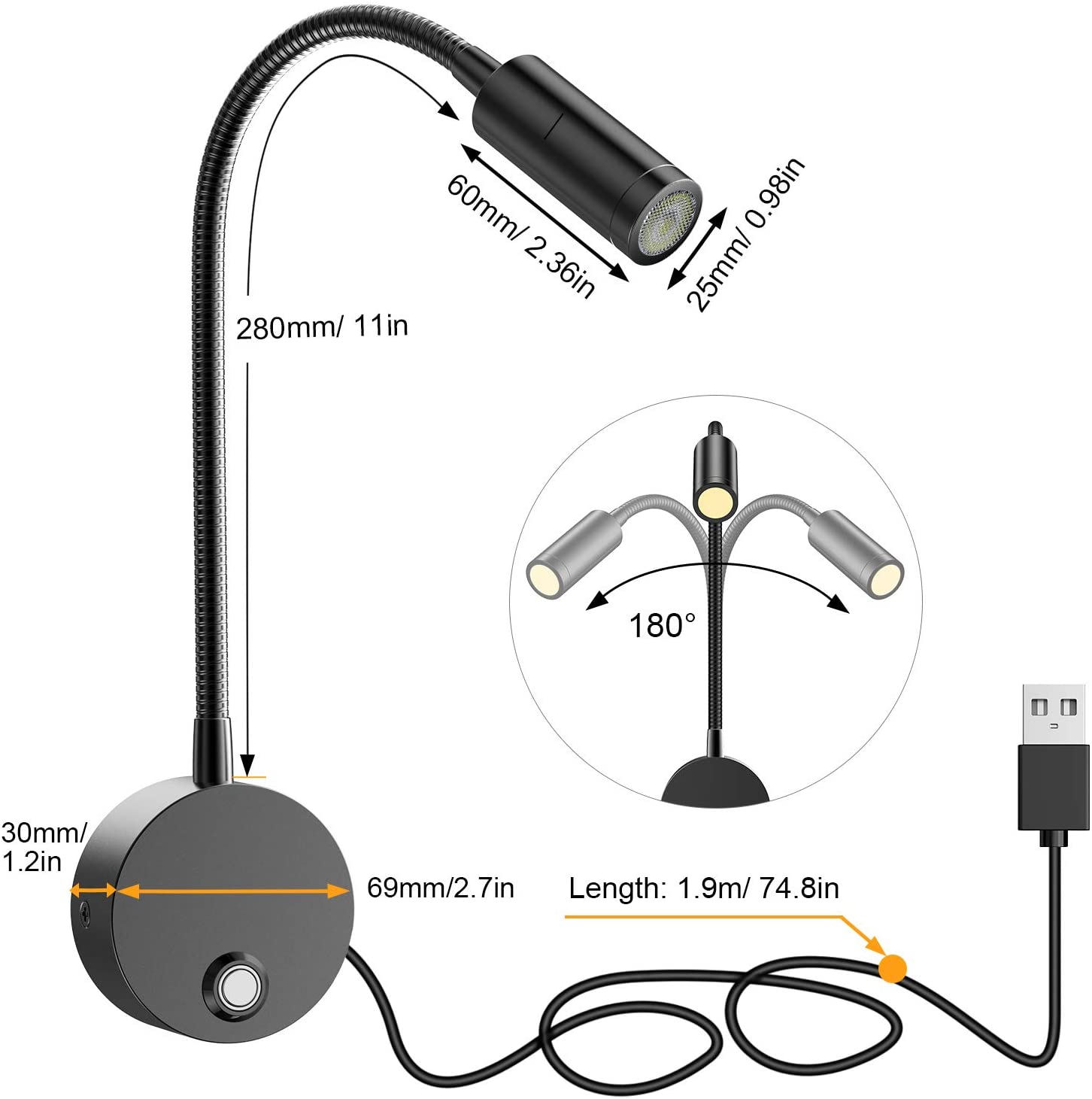 Flexible Hose LED Modern Wall Lamp 3W Silver Black Flexible Reading ...
