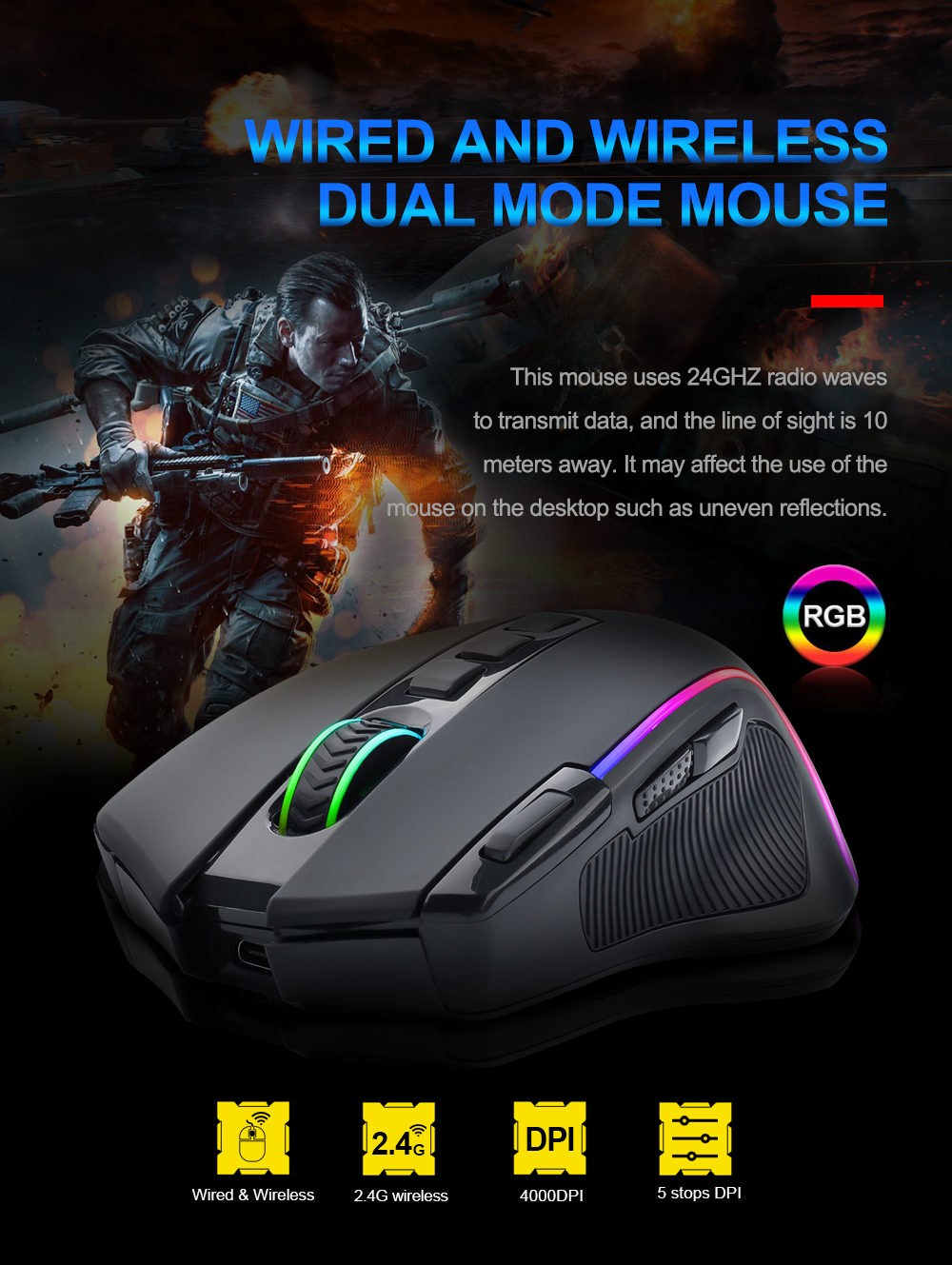 E-YOOSO X-11 RGB USB 2.4G Wireless Gaming Mouse 4000DPI 9buttons ...