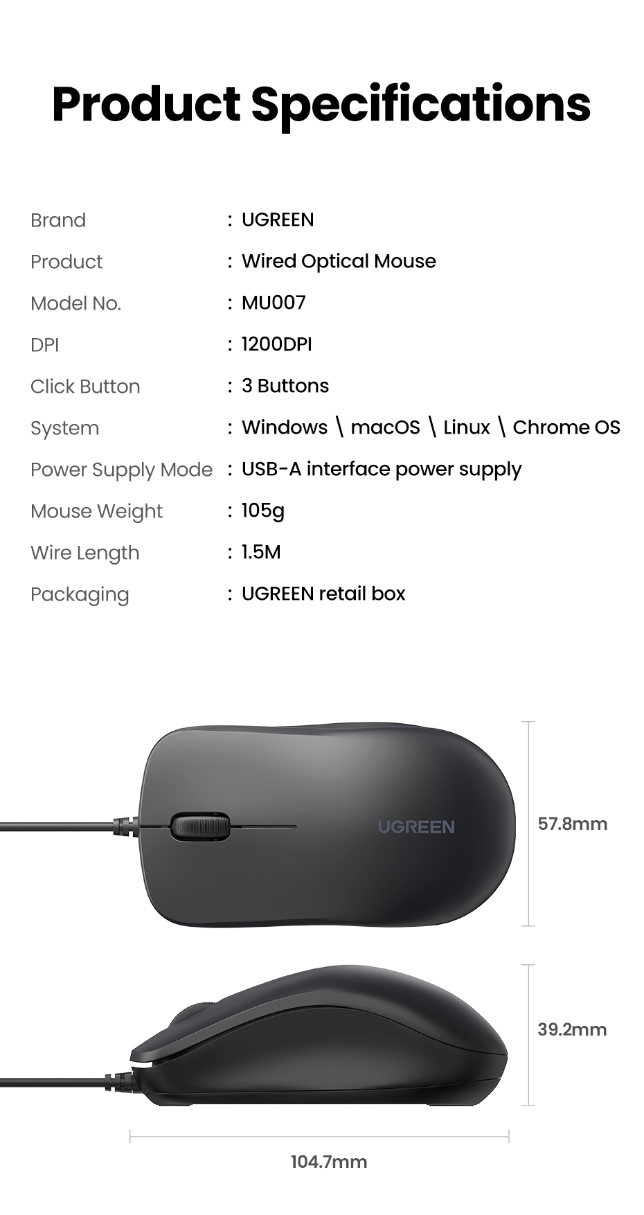 UGREEN Wired Mouse Optical USB 3.0 Mouse 1200 DPI Ergonomic Mouse with ...