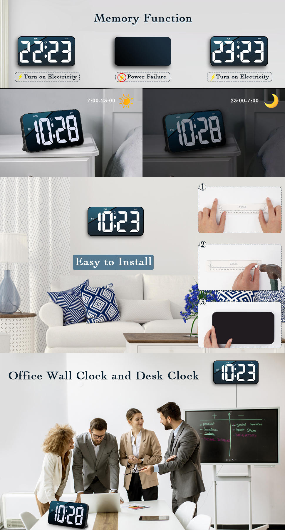 Digital Wall Clock 11 Inch Large Display Clocks with USB Charge 12/24H Auto-Dimming LED Wall ...