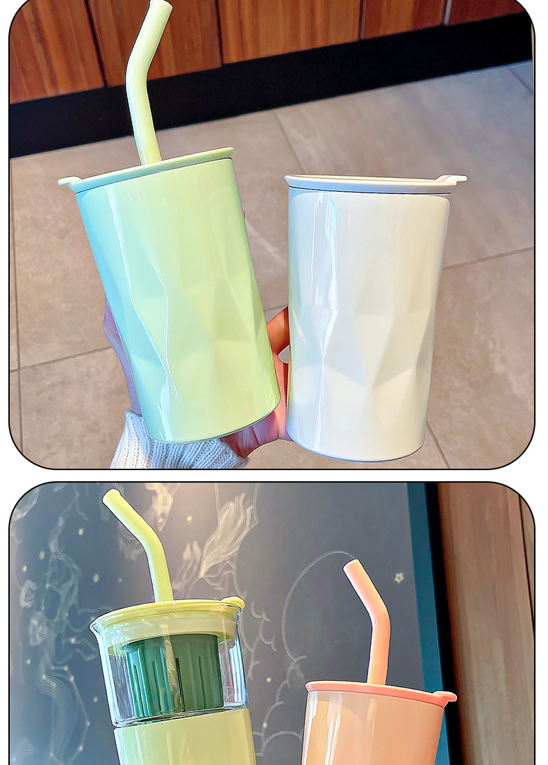 2 in 1 glass thermos cup tea cup with straw Vacuum Stainless Steel ...