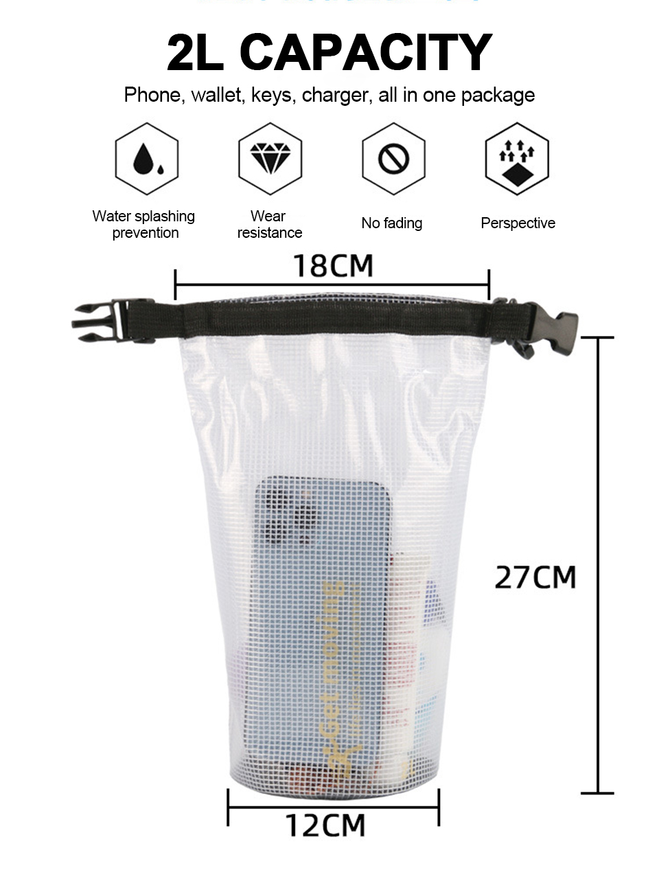 2L Drifting PVC Mesh Bags Outdoor Swimming Dry Bag Lightweight ...