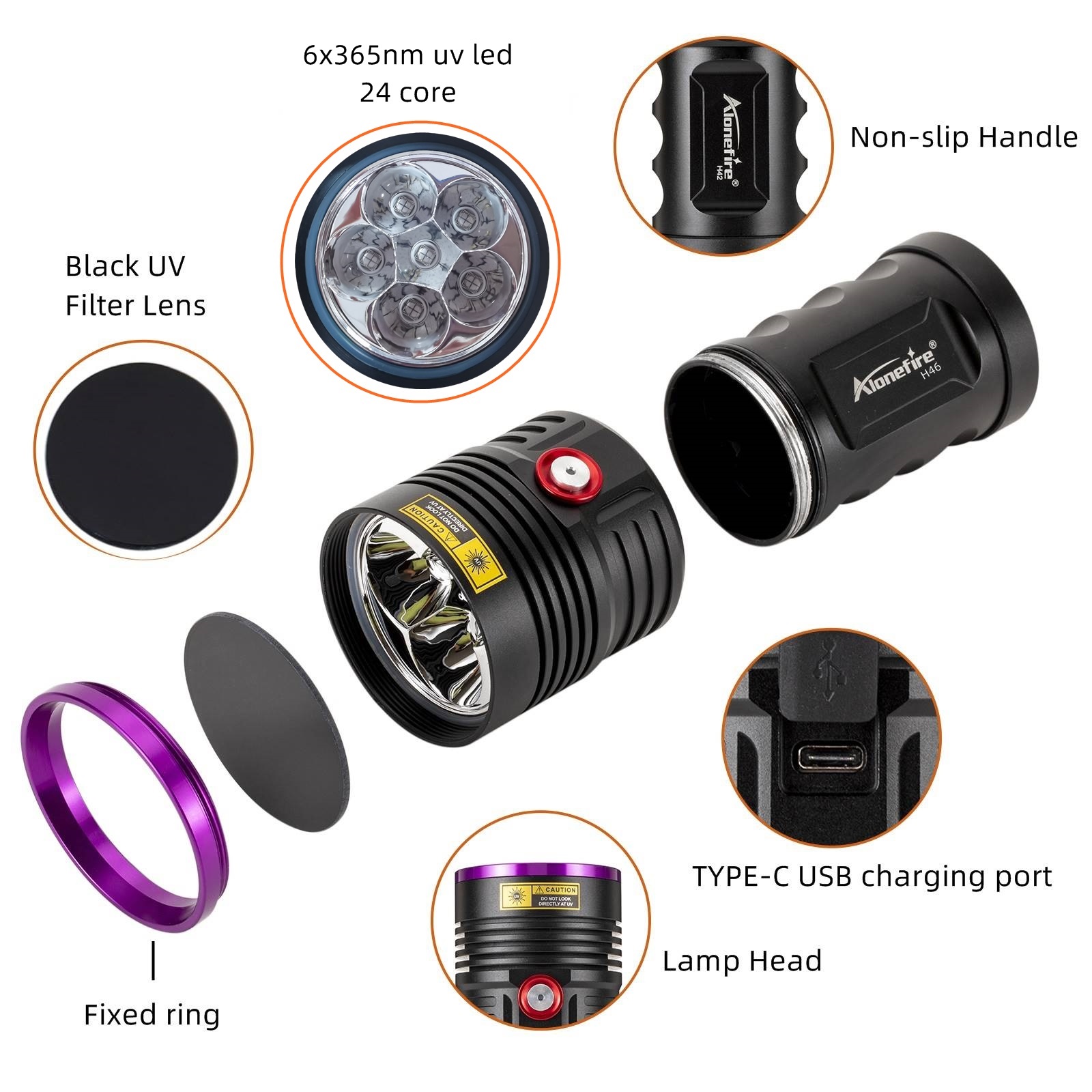 Alonefire H46 365NM 120W High Power UV Flashlight Black Light Pet Urine ...