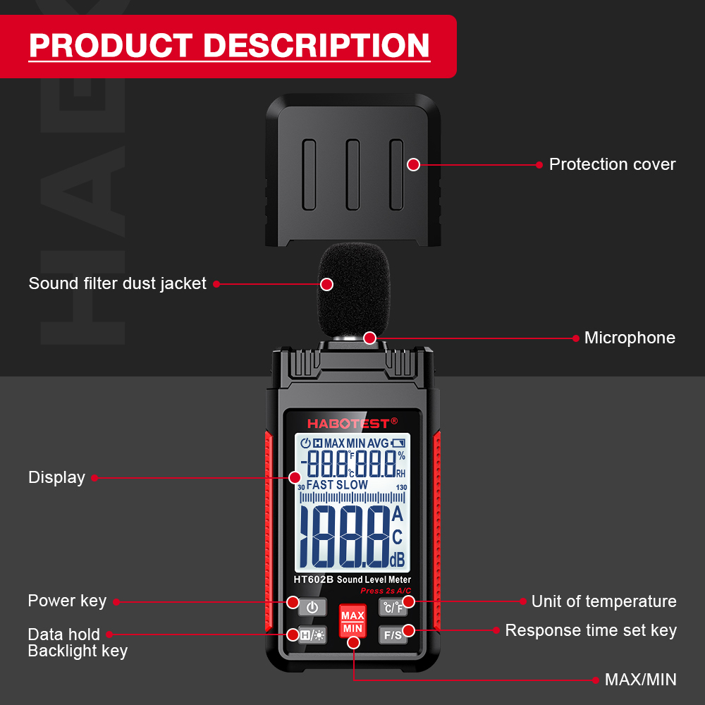 HABOTEST HT602 Digital Sound Level Meter 2.2-inch LCD Decibel ...