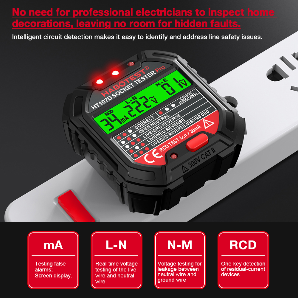 HABOTEST HT107 GFCI Socket Tester Electric Leakage Finder With Voltage ...