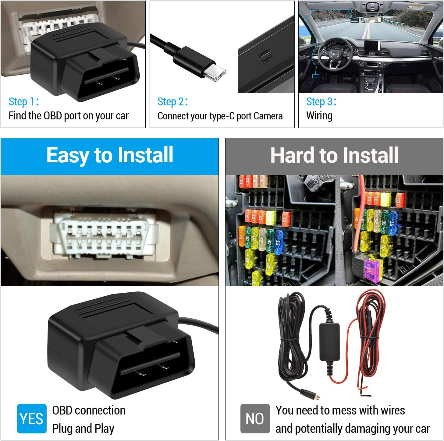 Upgraded OBD2 OBD Power Cable for Dash Camera, OBD to Type-C USB OBDII ...