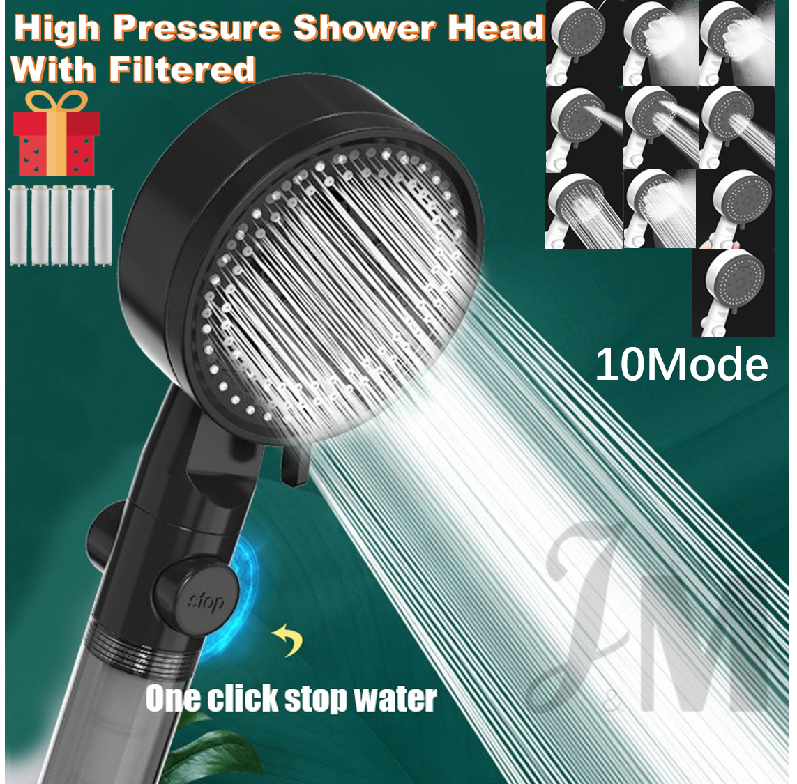 10 In 1 High Pressure Shower Head With Filtered One Key Stop Water ...