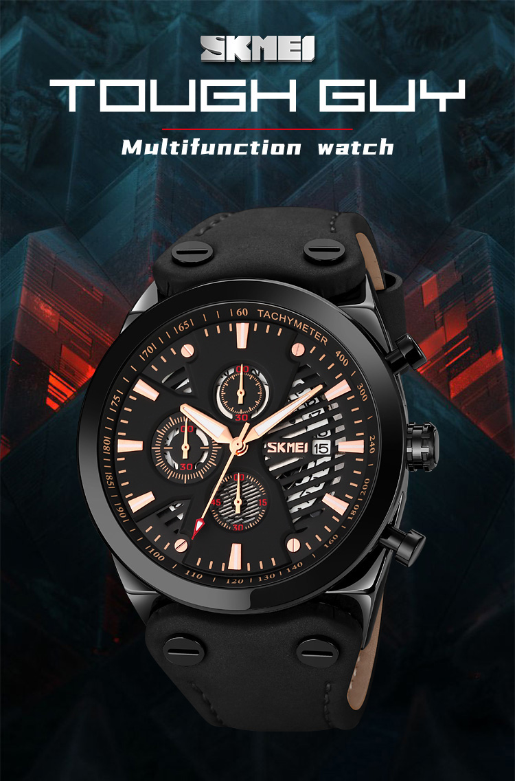 SKMEI leather strap men's quartz watch skeleton dial/multiple pointers ...