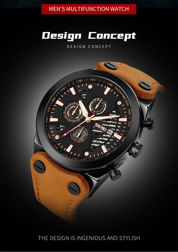 SKMEI leather strap men's quartz watch skeleton dial/multiple pointers ...