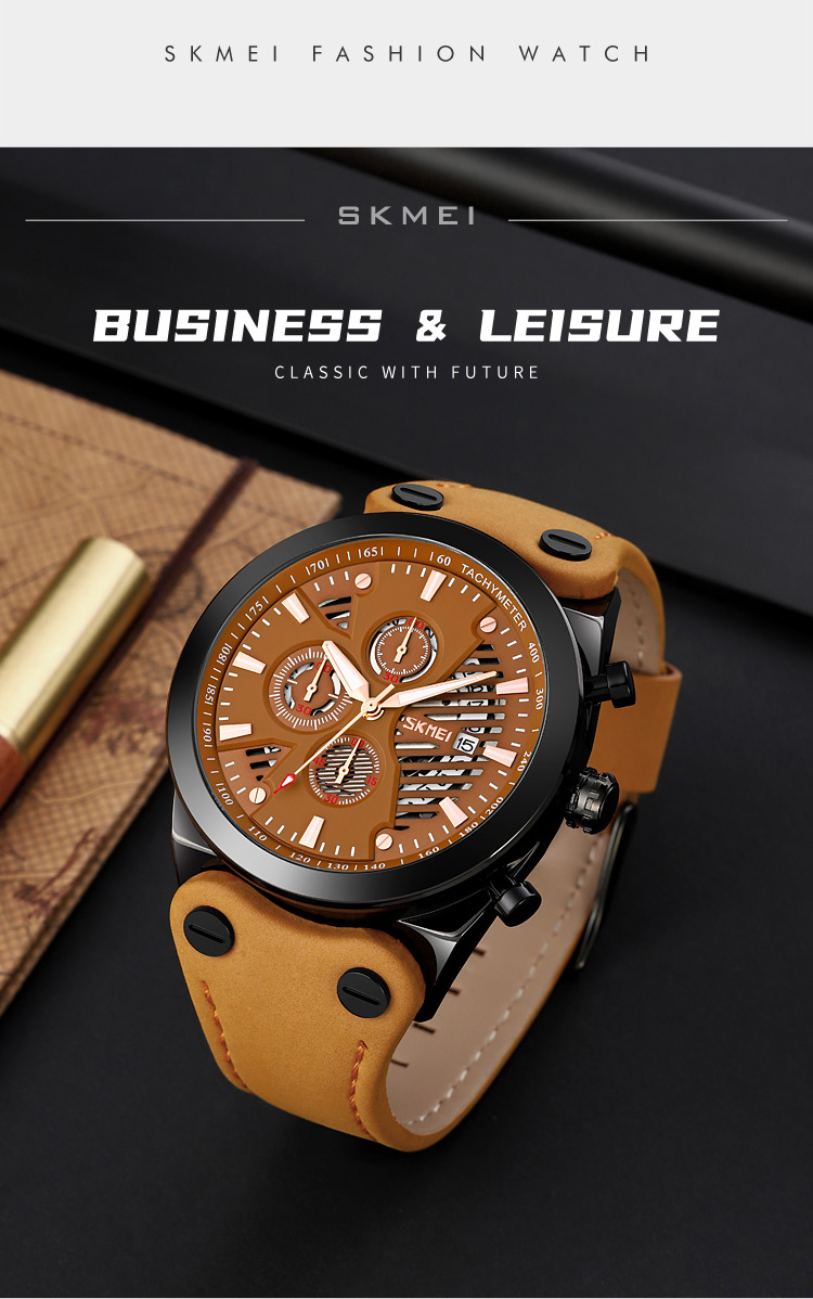 SKMEI leather strap men's quartz watch skeleton dial/multiple pointers ...