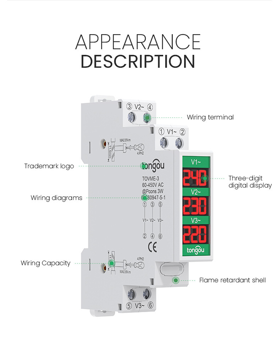 Din Rail Mount Three Phase Voltage Meter AC80-500V Multifunctional LED ...