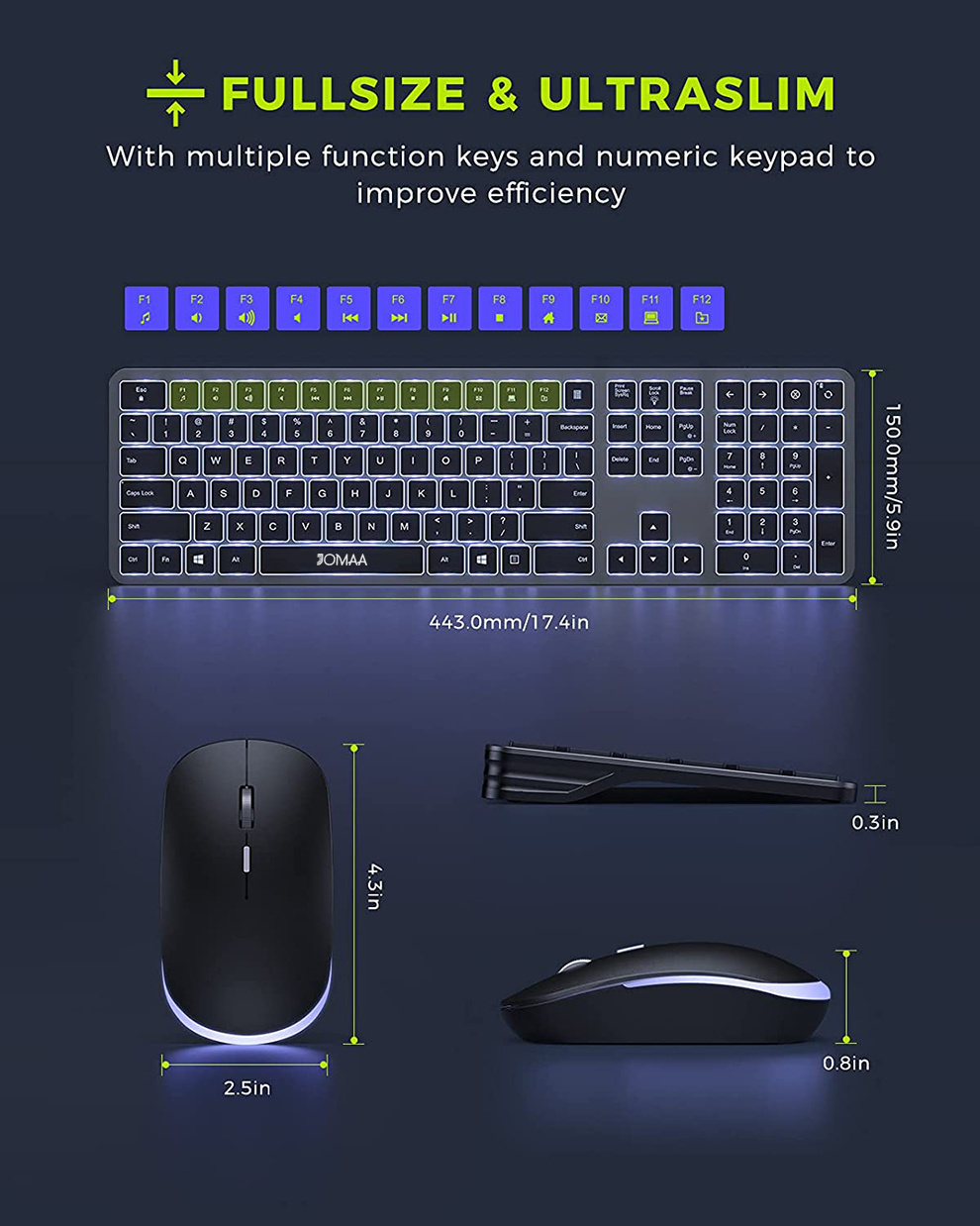 JOMAA Ultra Slim Wireless Backlit Keyboard and Mouse Combo 2.4G USB ...