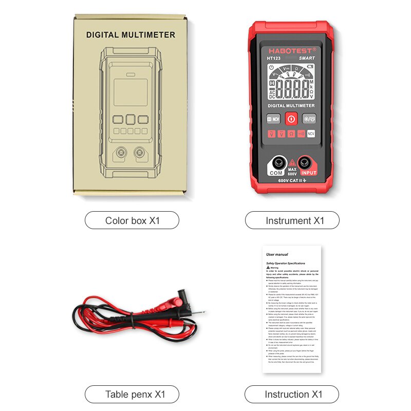 HABOTEST HT123 Smart Digital Multimeter 600V AC DC 2000 Counts Voltage ...