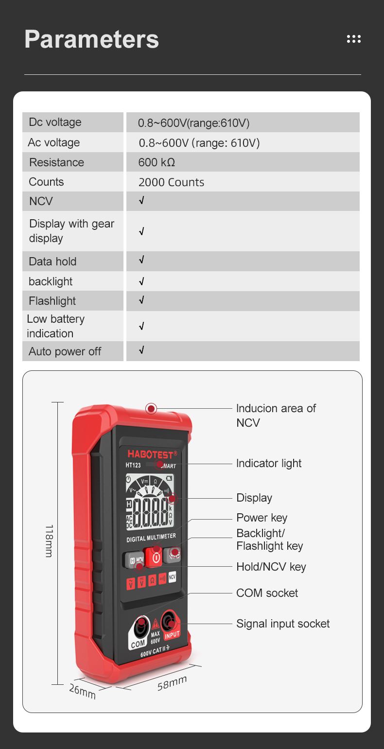HABOTEST HT123 Smart Digital Multimeter 600V AC DC 2000 Counts Voltage ...