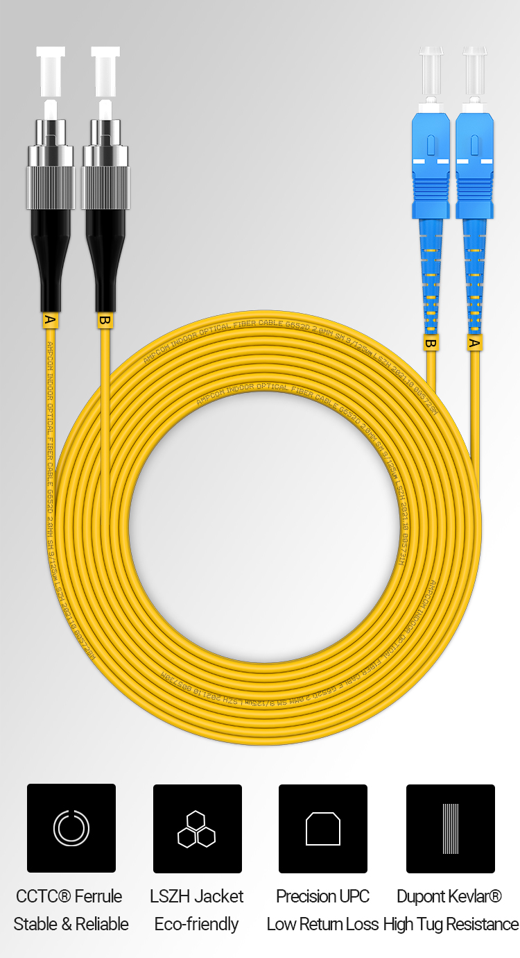AMPCOM SC to FC UPC Fiber Optical Patch Cable Singlemode Duplex SMF 9 ...
