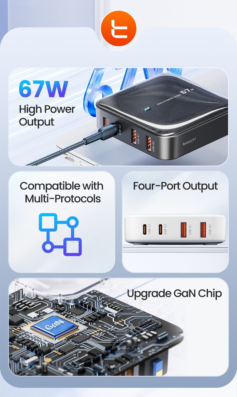 Toocki 67W Gan Charger With 1.5m AC extension Cable 4 Ports USB Type C PD3.1 QC4.0 Desktop ...