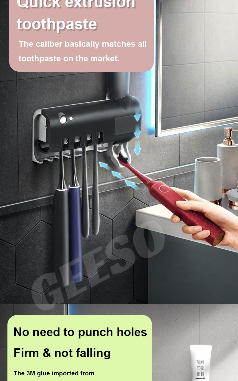 GEESO Toothbrush Sterilizer UV Light Toothpaste Dispenser Squeezer ...
