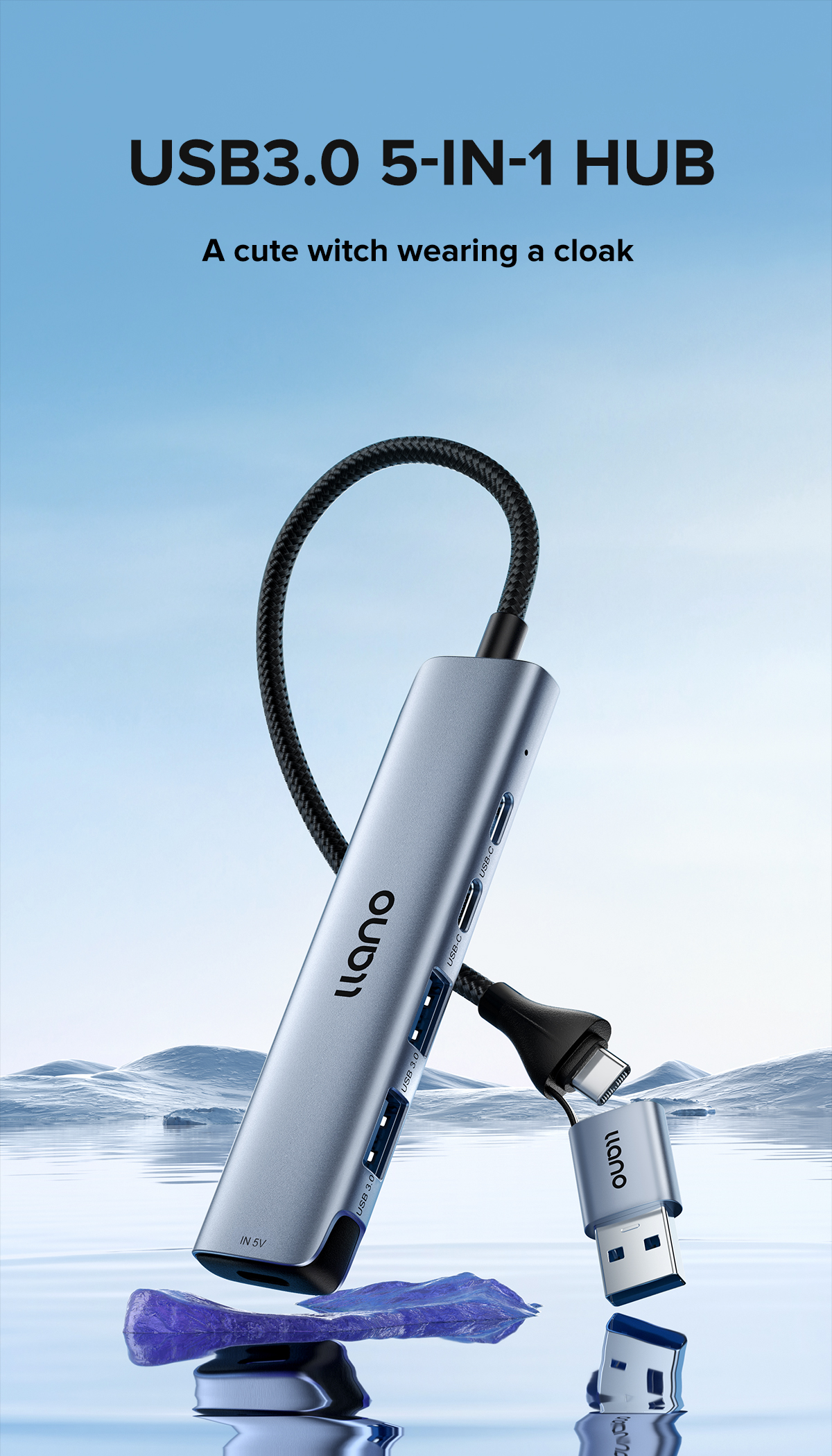 LLANO USB 3.0 5 in 1 Hub, USB C Adapter Power Supply, 2 USB Data Ports ...