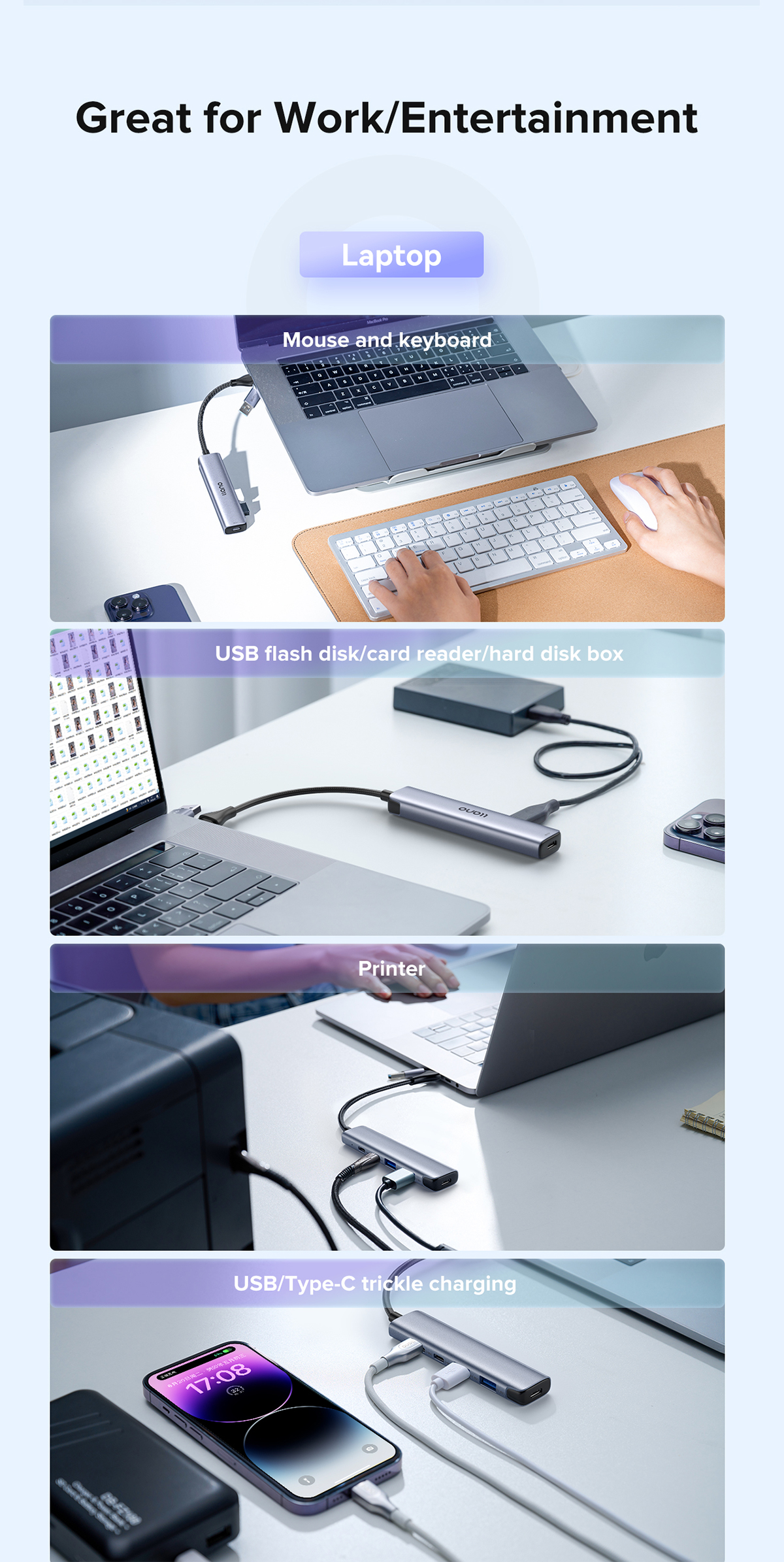 LLANO USB 3.0 5 in 1 Hub, USB C Adapter Power Supply, 2 USB Data Ports ...