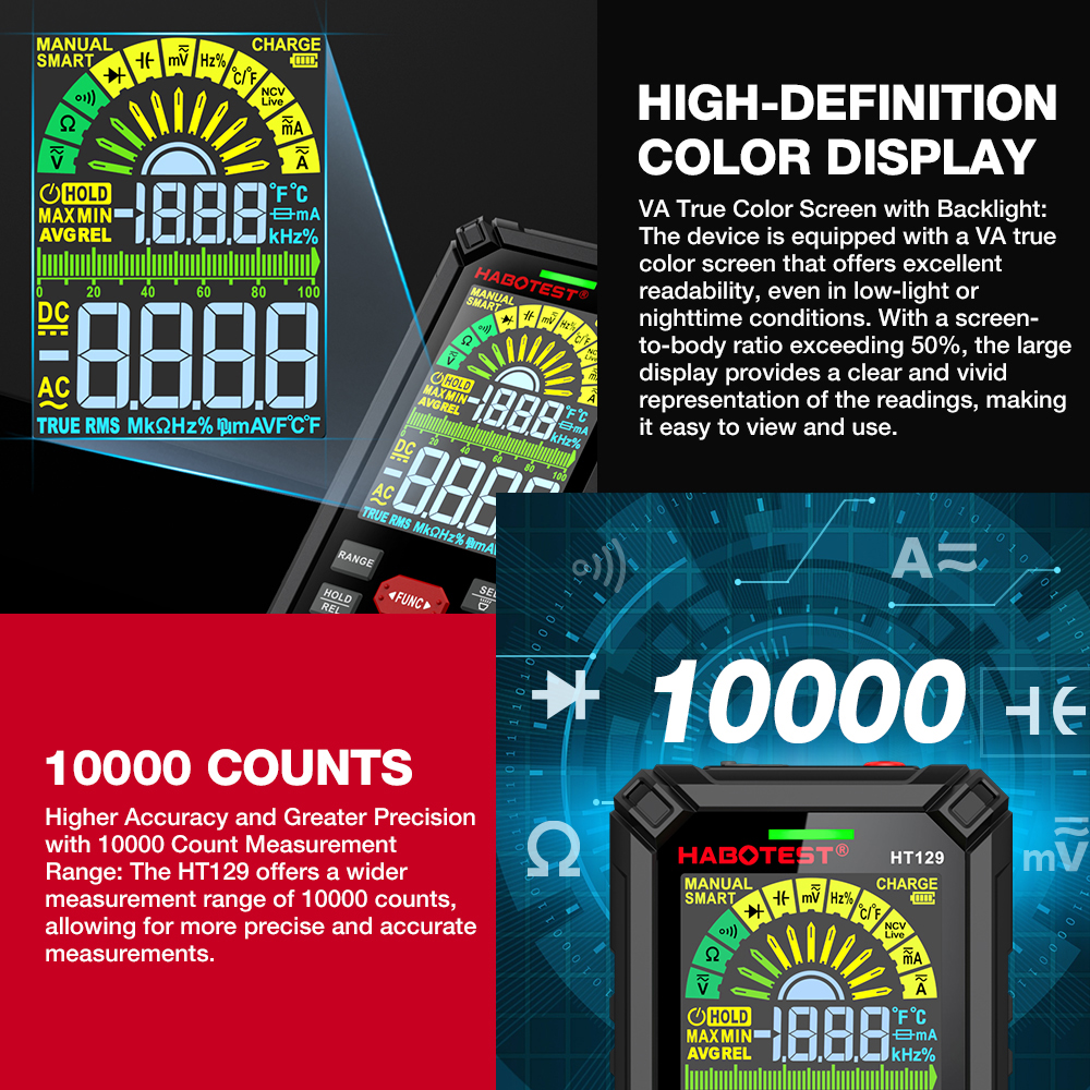HABOTEST HT129 Digital Multimeter Auto Range True RMS AC DC NCV Voltage ...