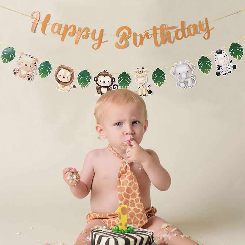 Jungle Safari Birthday Banner Wild One Flag Letter Backdrop Curtain ...