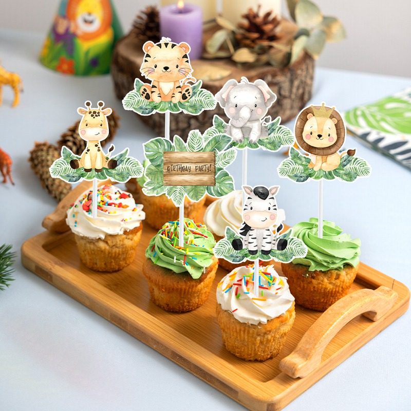 6/12PCS Safari Theme Cupcake Toppers Set Cake Decorations Birthday ...