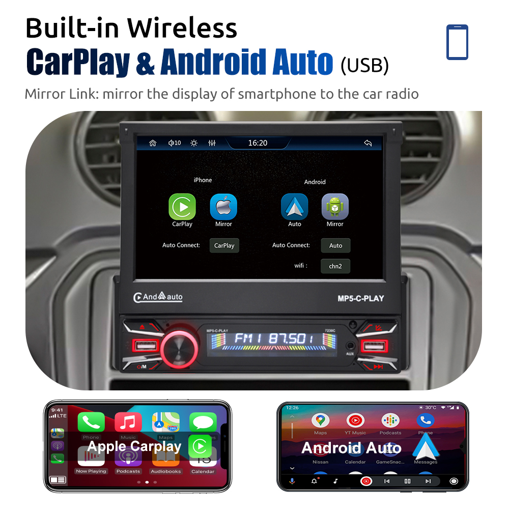 ESSGOO Single 1 Din 7 Inch HD MP5 Player Auto Retractable Touch Screen Multimedia Player with ...