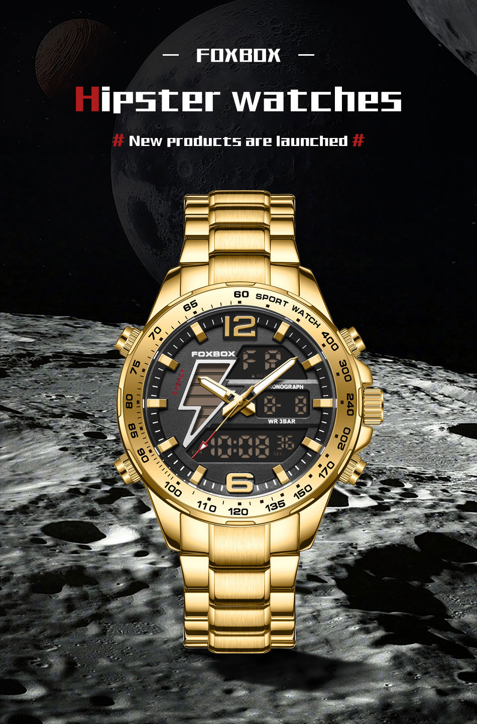 FOXBOX Men Digital Watch Waterproof Sports Stainless Steel Strap ...