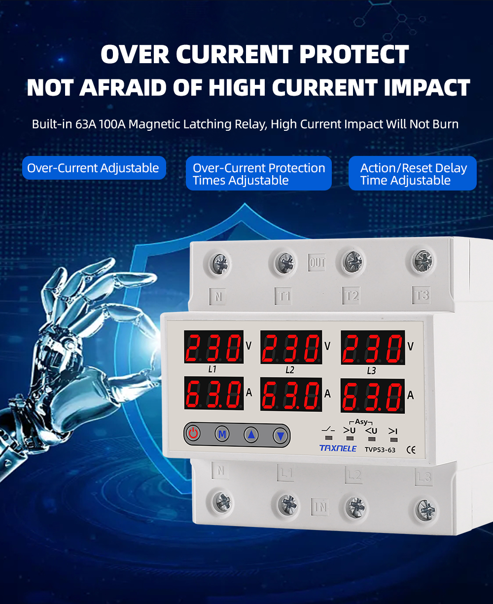 TAXNELE Three Phase Voltage Current Relay Protector 63A 100A 220V 380V ...